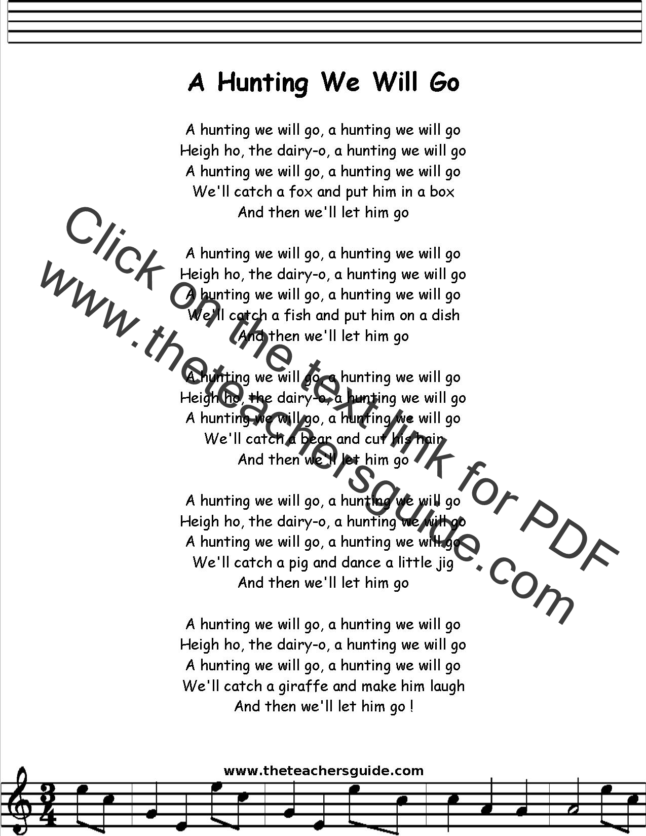A Hunting We Will Go Lyrics, Printout, MIDI, and Video