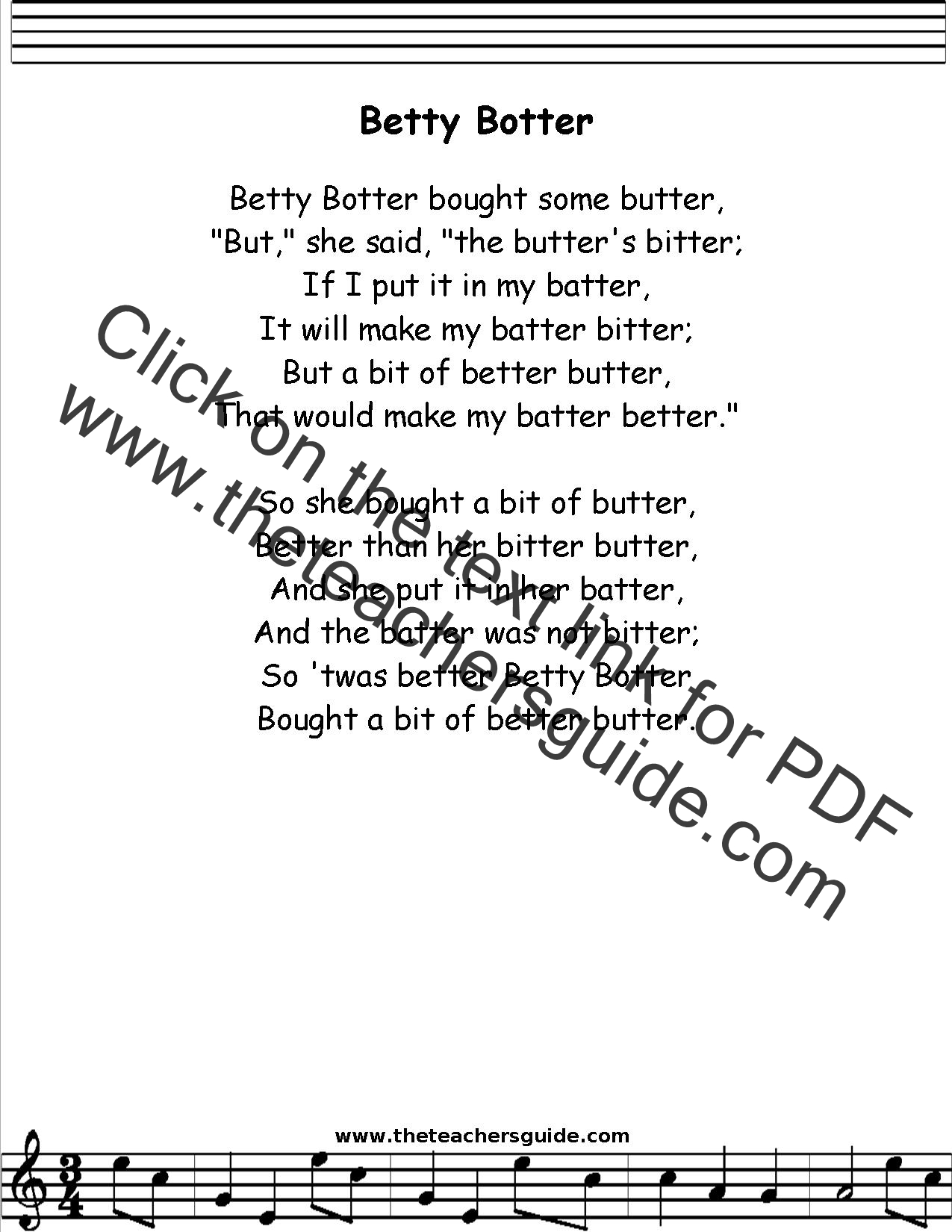 Betty Botter Lyrics, Printout, MIDI, and Video