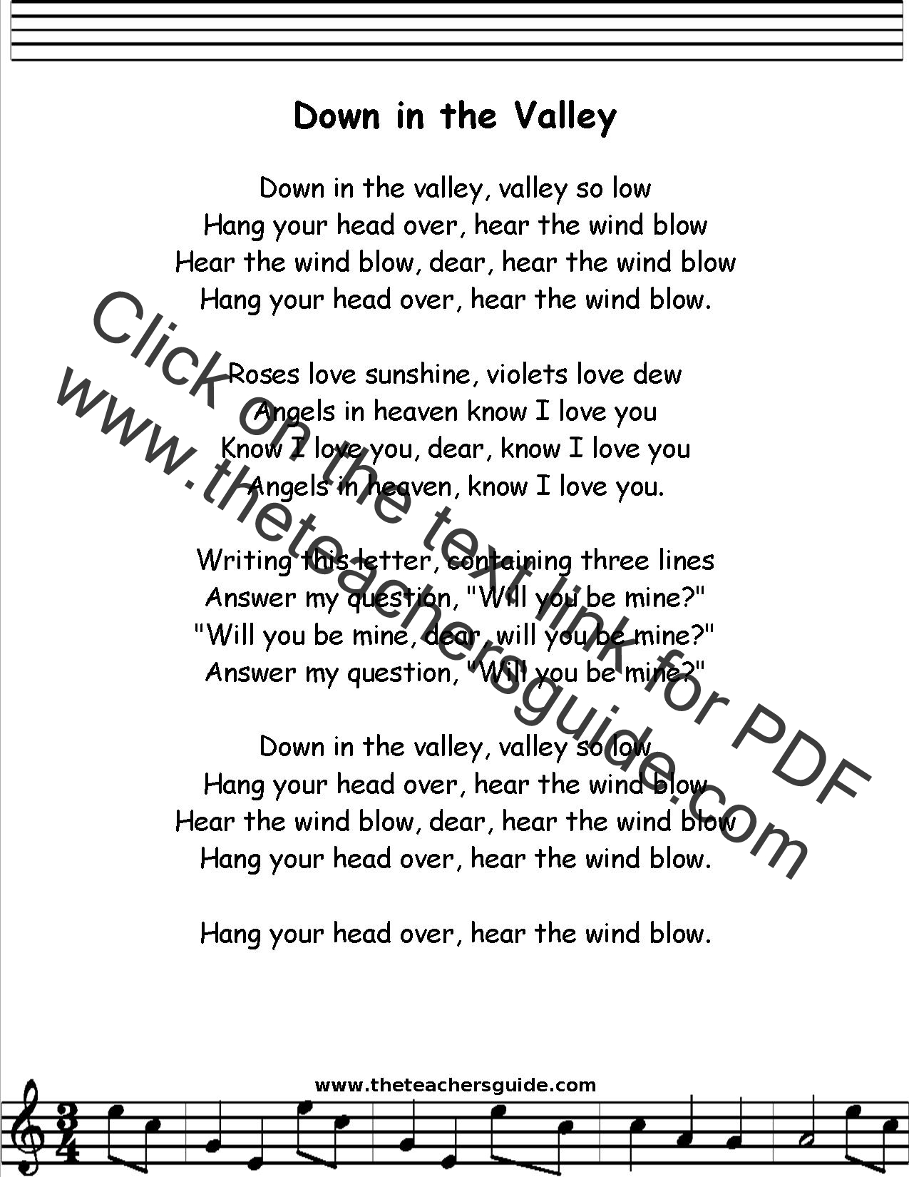 Down in the Valley Lyrics, Printout, MIDI, and Video