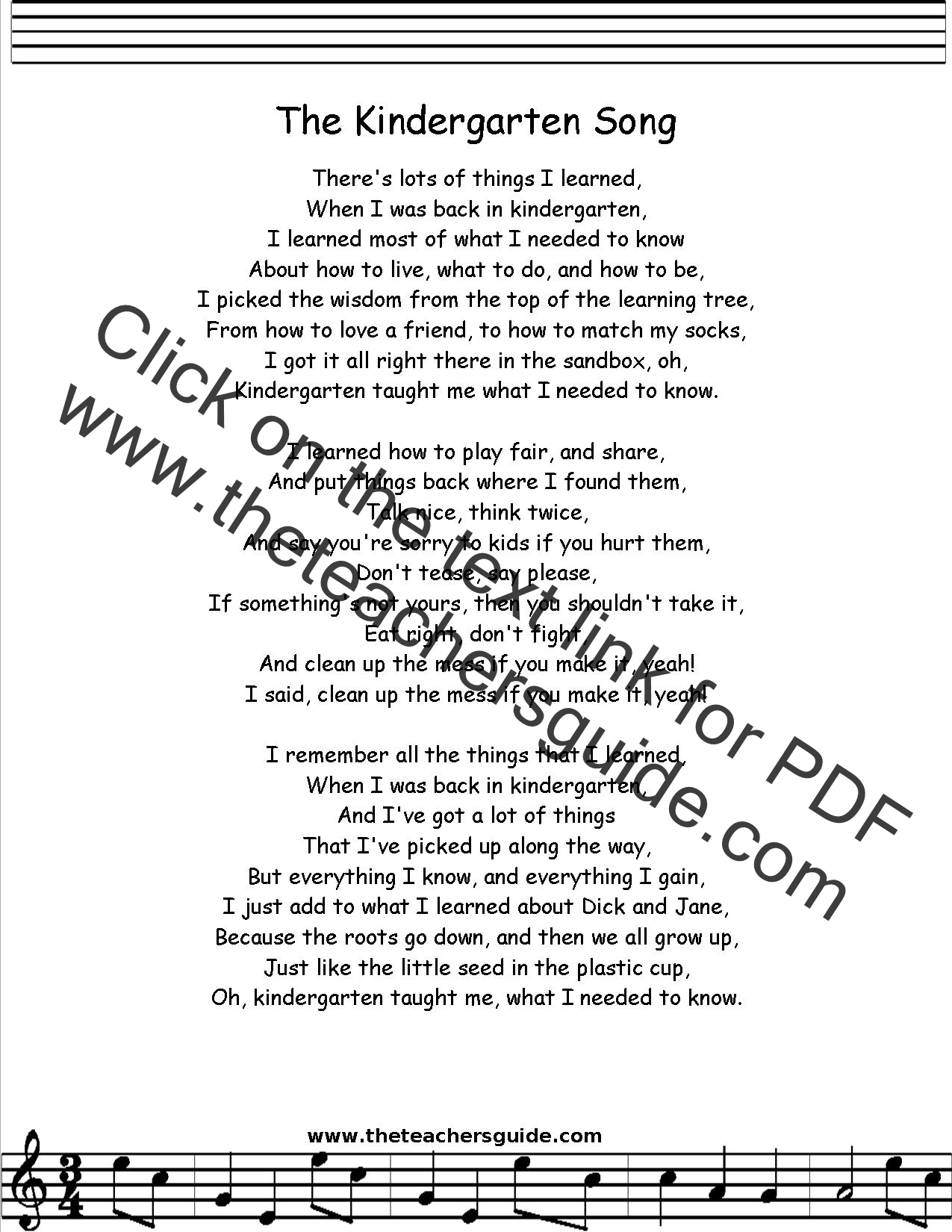 Kindergarten Song Lyrics, Printout, MIDI, and Video