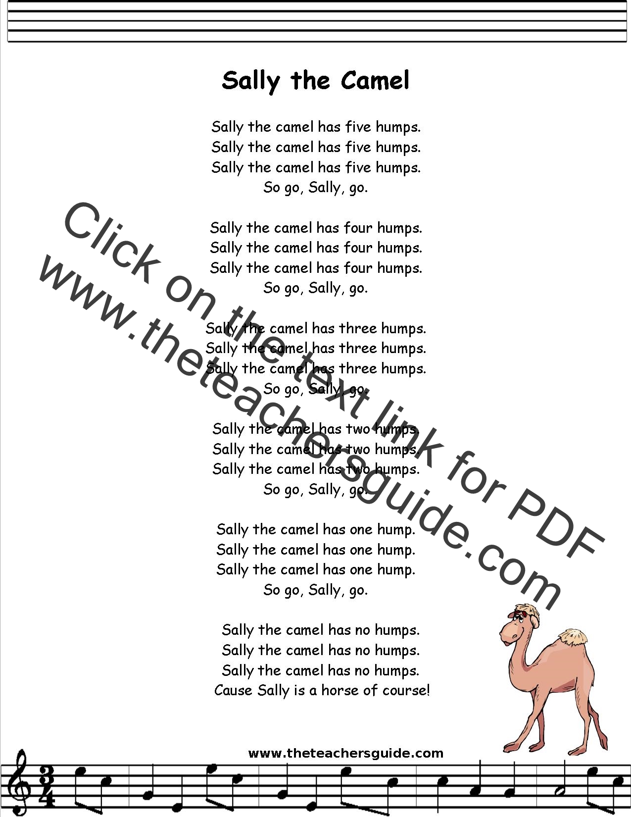 Sally the Camel Lyrics, Printout, MIDI, and Video